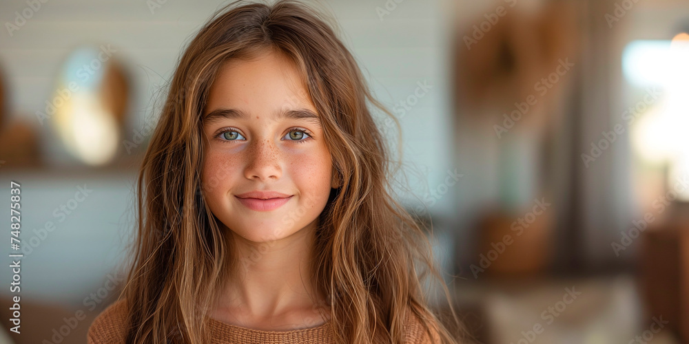A smiling 12 year old girl with long natural hair poses Stock Photo ...