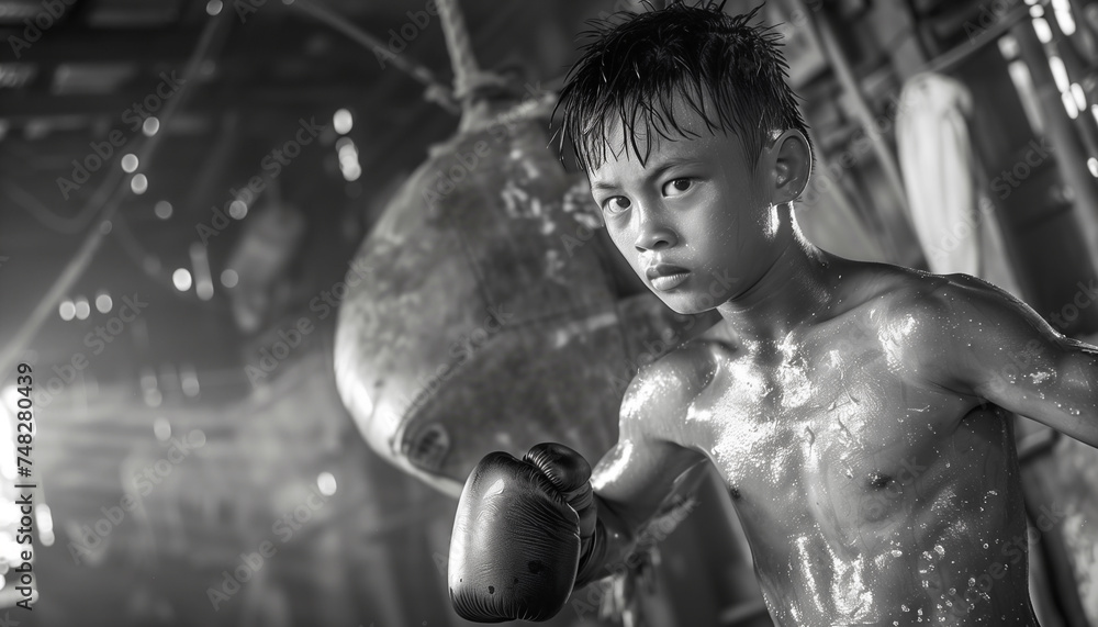 Little Thai Sweaty Warrior: Gloves, Intense Gaze. A young boxer's ...