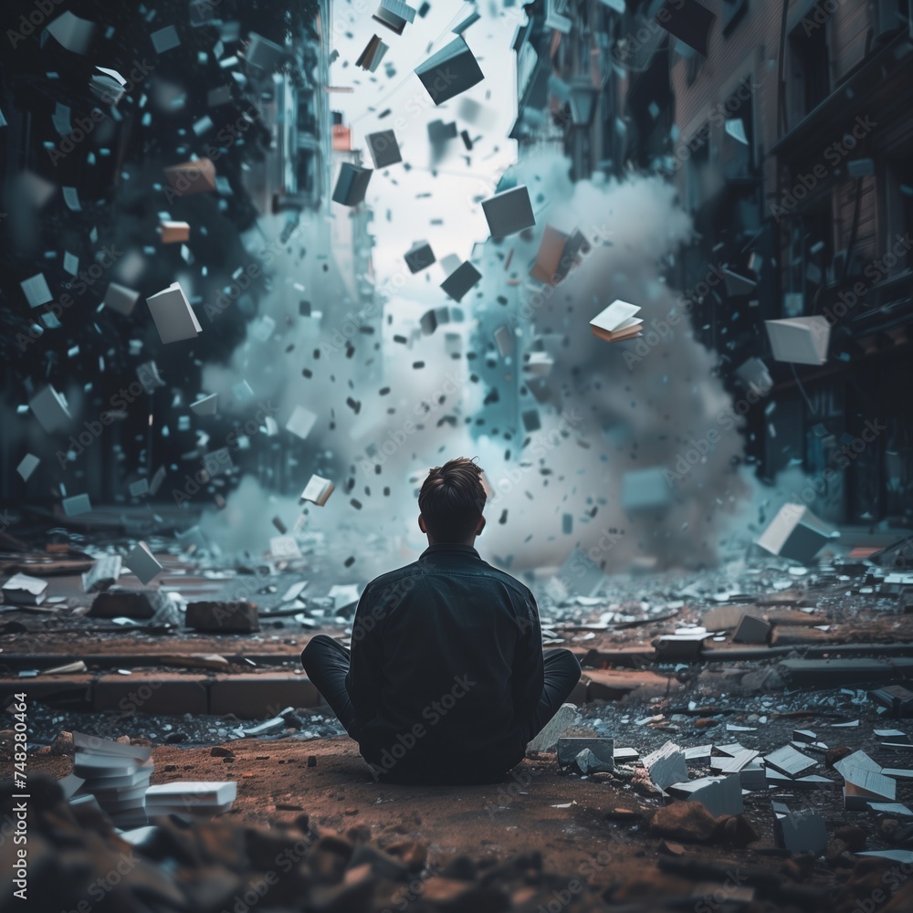 Amidst the Chaos: Man Sitting Cross-Legged Surrounded by Exploding ...