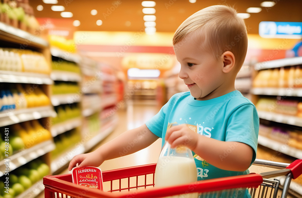 Little boy buy fresh milk in grocery store. Little boy buy fresh mil in ...