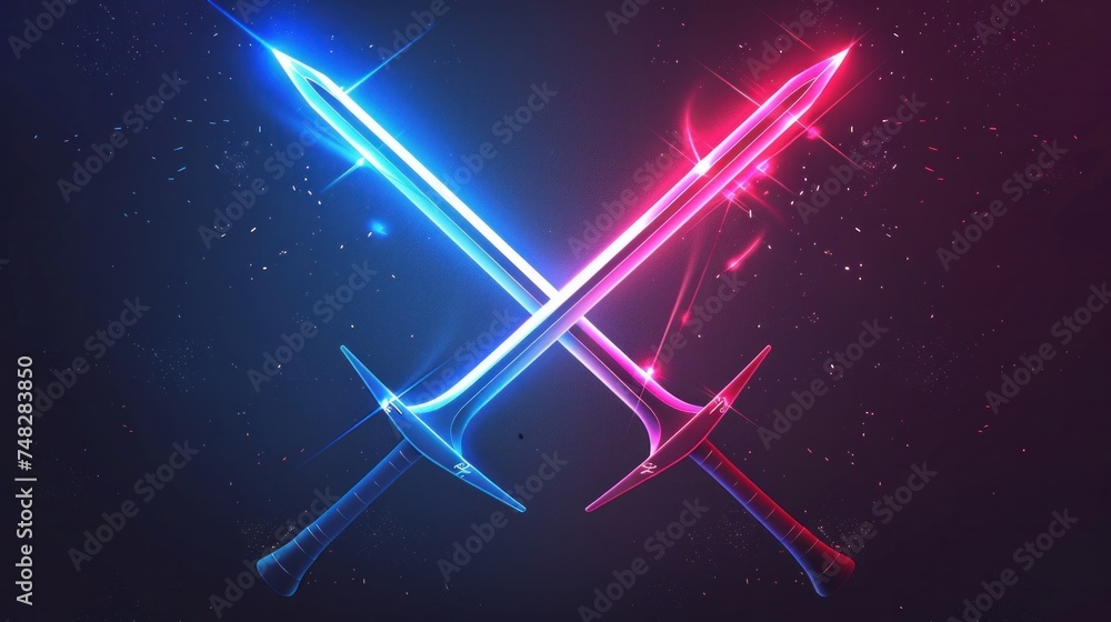Vector illustration depicting two crossed light swords engaged in a fight, with blue and red ...