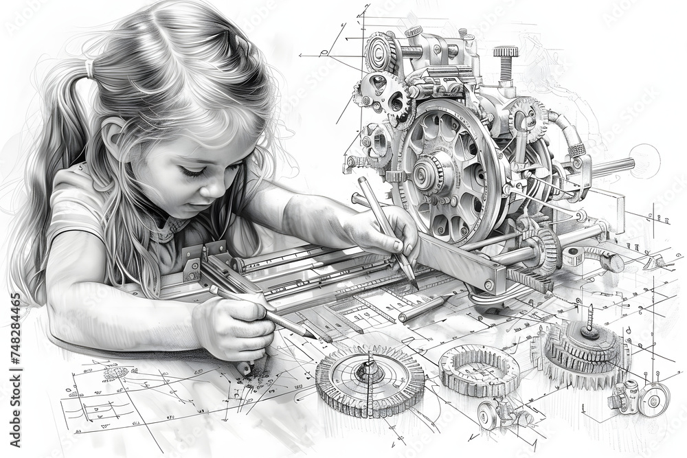 parallel hatching line art drawing of a little girl designing a very ...