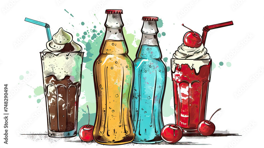 Old-Timey Soda Fountain Logo: An illustration of soda bottles, ice ...