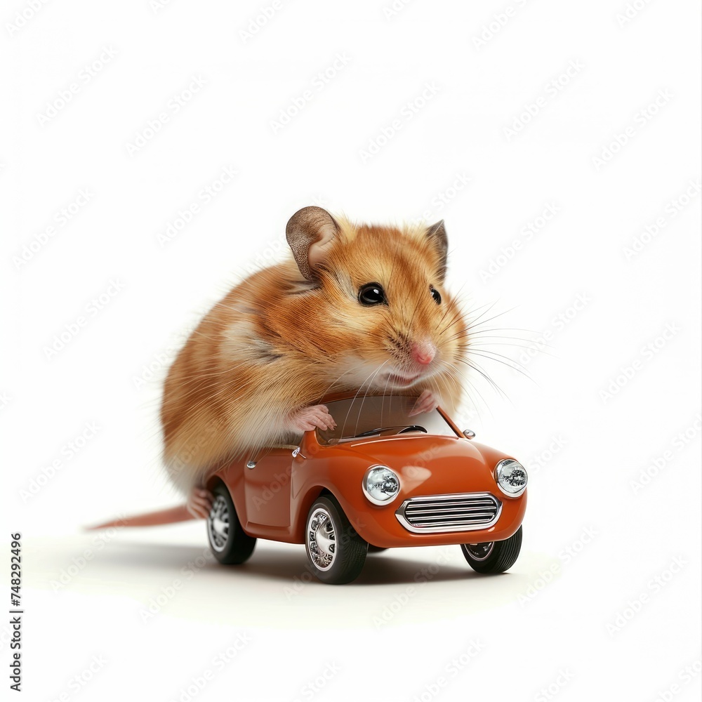 Cartoon hamster driving a tiny red car - Cute cartoonish hamster ...