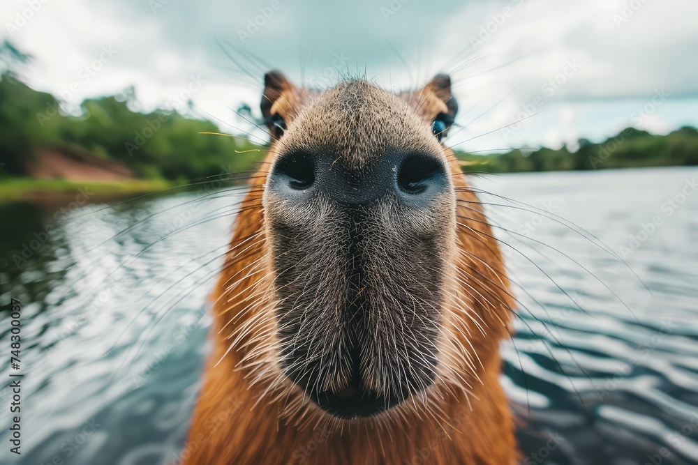Capybara Close up Portrait, Fun Animal Looking into Camera, Capybara Nose, Wide Angle Lens Stock ...