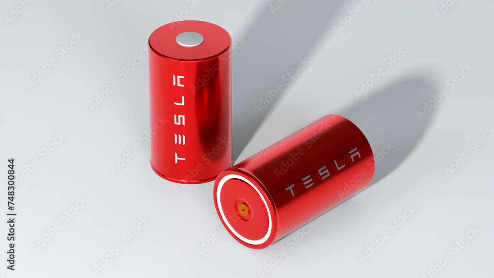 two Lithium-ion red 4680 Tesla battery with logo, one High-capacity ...