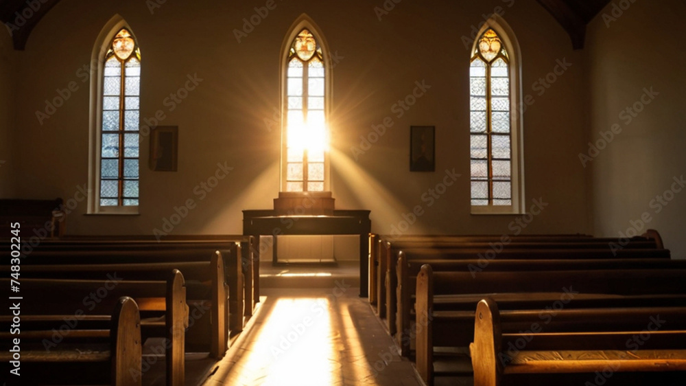 Rays of morning light going through a church window as a symbol of hope ...