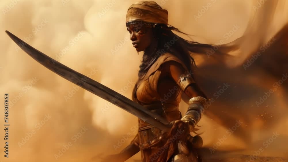 With a raised sword and determination in her eyes, this desert warrior ...