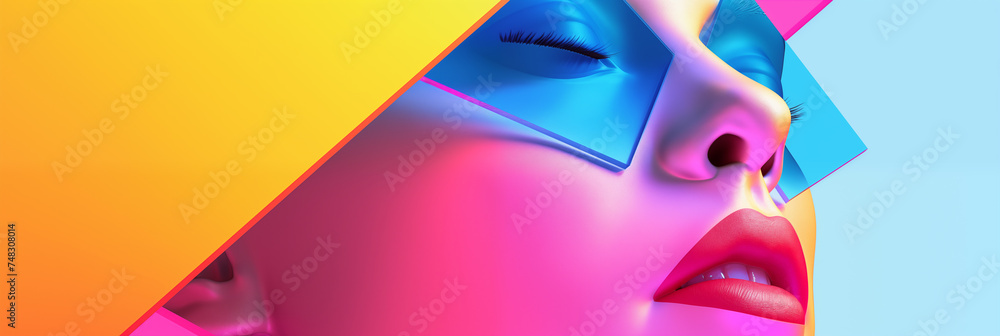 Stylized rendition of a face against a multicolored gradient background ...