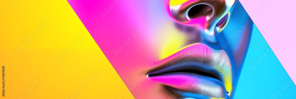 Stylized rendition of a face against a multicolored gradient background ...