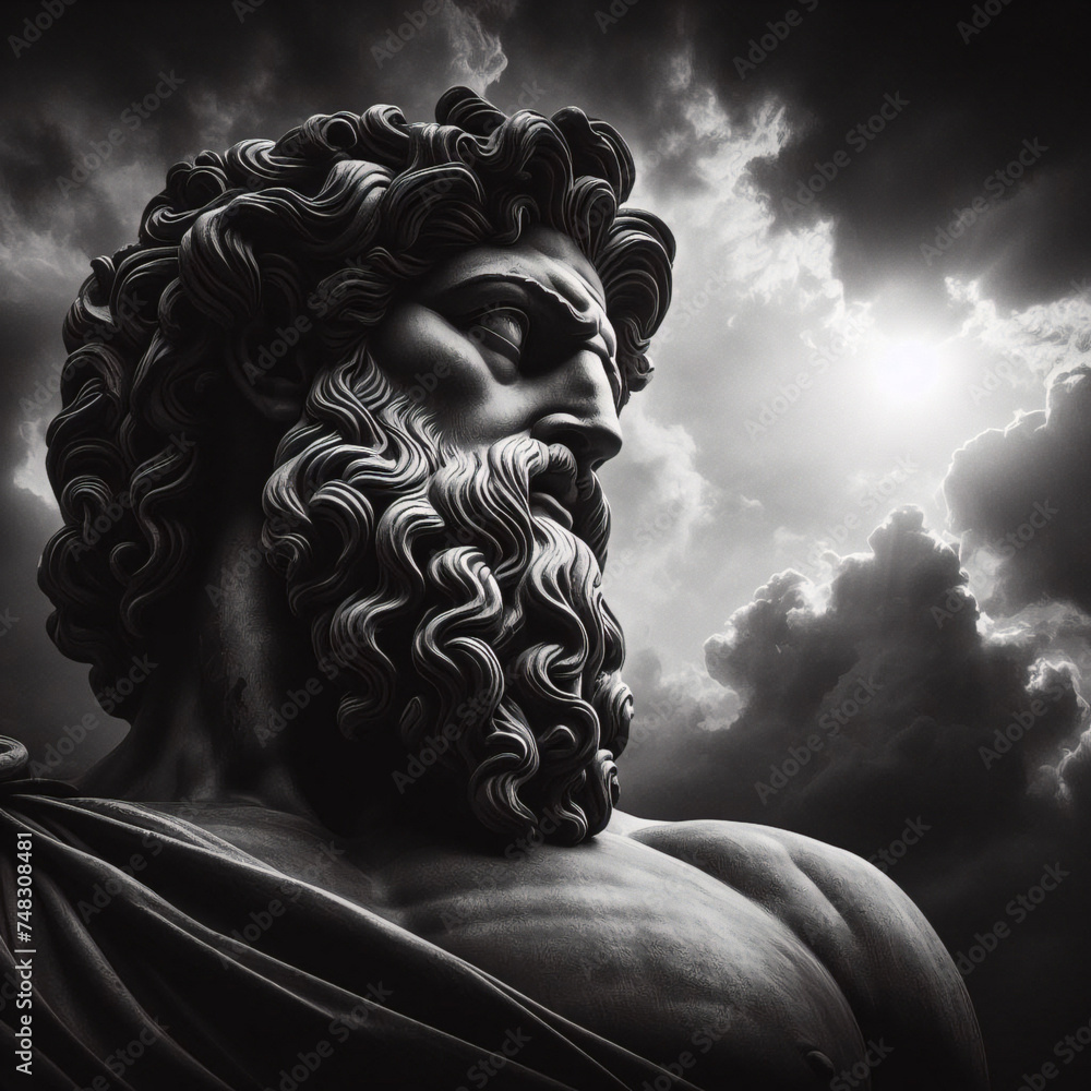 Handsome marble statue of powerful greek god Zeus over dark background ...