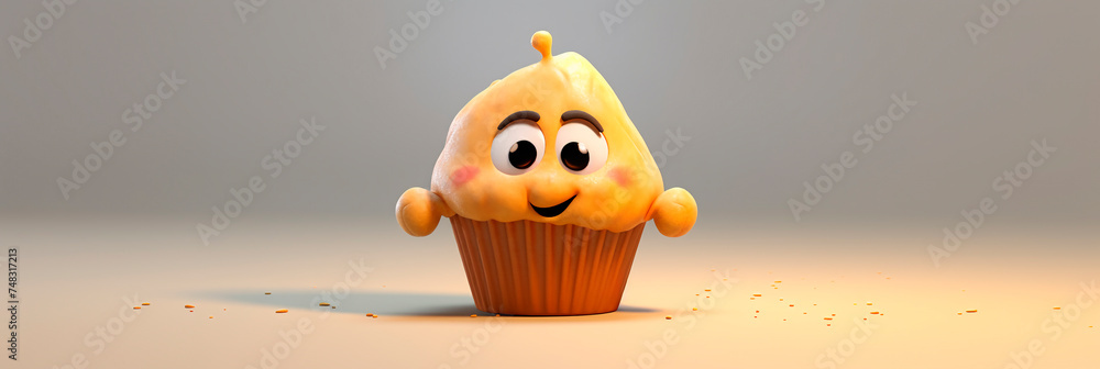 Horizontal banner with Muffin. Cartoon Lemon Cupcake with a cute face ...
