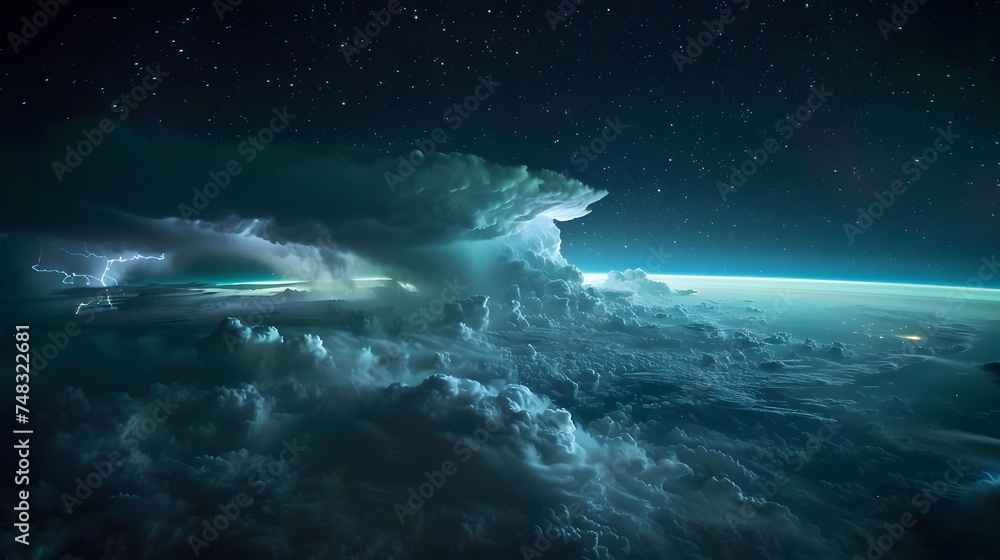 Thunderstorms dark sky seen from space High-altitude light up the night ...