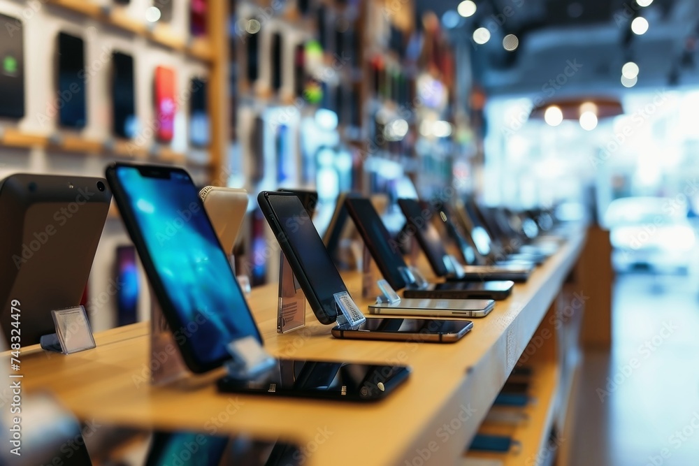 A modern smartphone shop with many different new phones. Stock Photo ...