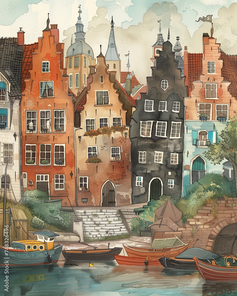 Poland Gdansk old city. Cartoon architecture of a European city. Cute ...