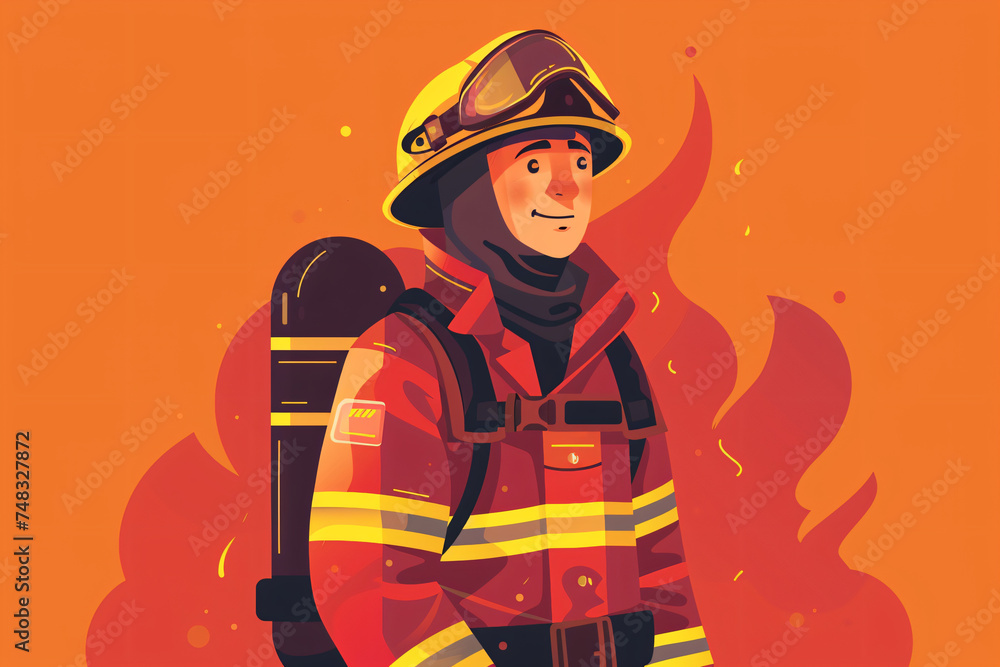Male firefighter cartoon character on orange background. Flat simple ...