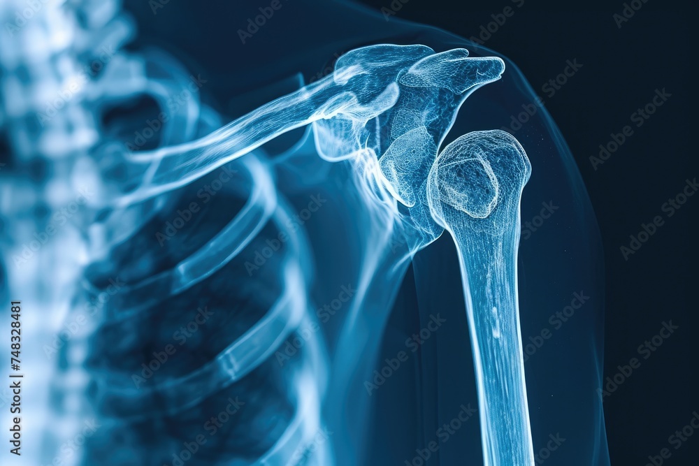 This photo depicts an x-ray image of the shoulder and the bones within ...