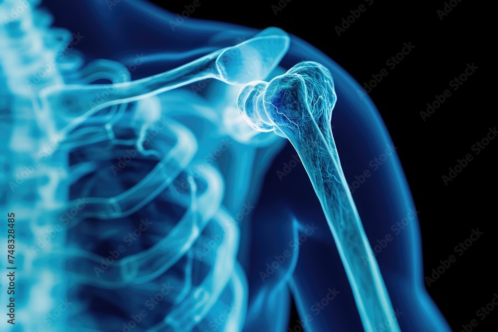 This photo showcases a blue x-ray image of a human skeleton, providing ...