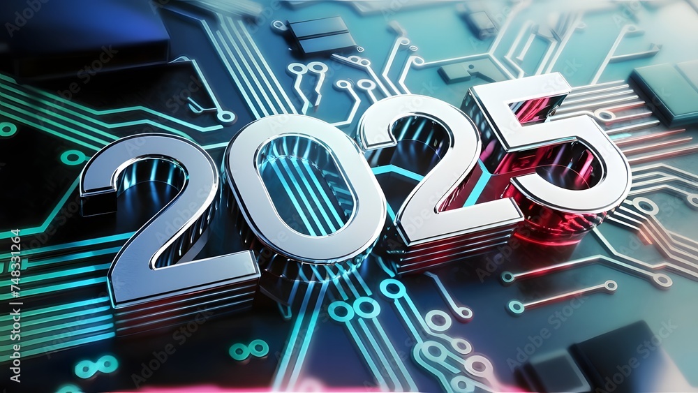 A futuristic graphic design representing the year 2025. The visual ...