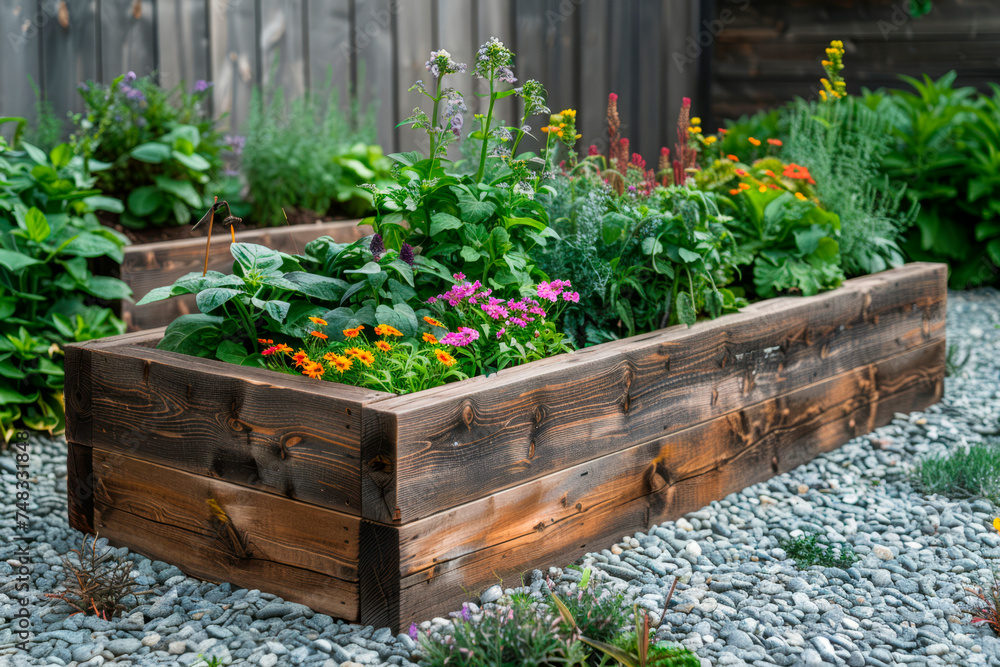 Raised bed homegrown vegetable garden in wooden planter boxes with ...