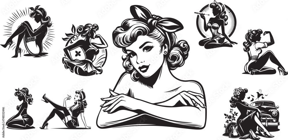 black and white illustration of pin-up girls shilouette vector Stock Vector | Adobe Stock