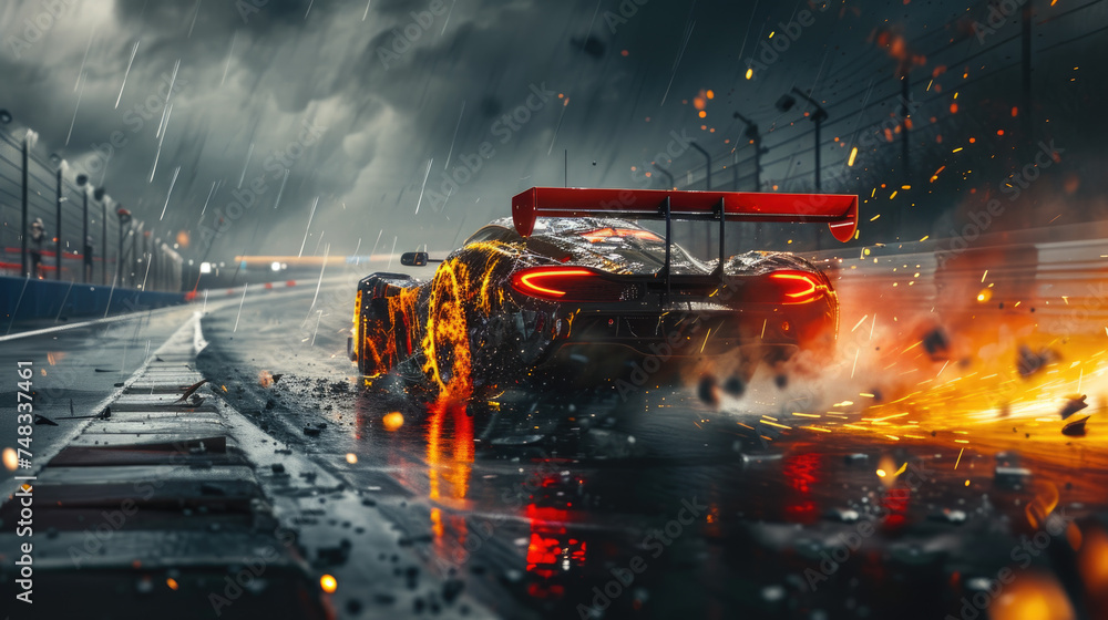 Sports car driving with fire on dark background, burning vehicle runs ...
