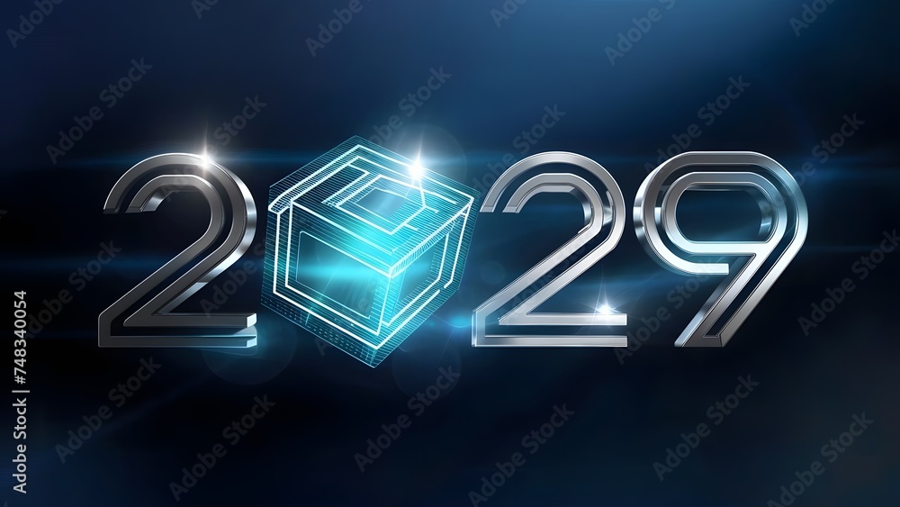 futuristic digital graphic design for "2029" featuring sleek, metallic ...