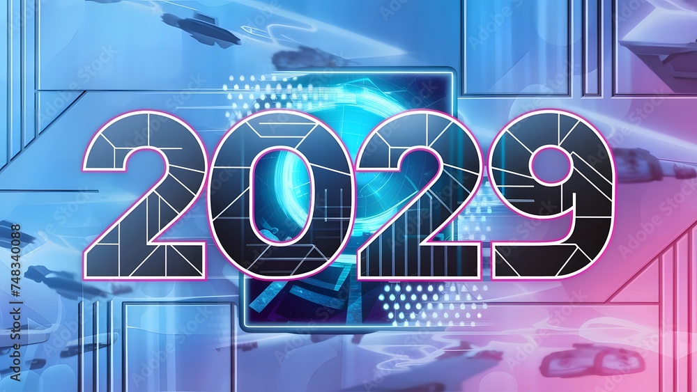 futuristic graphic design for the year 2029, featuring a neon blue and ...