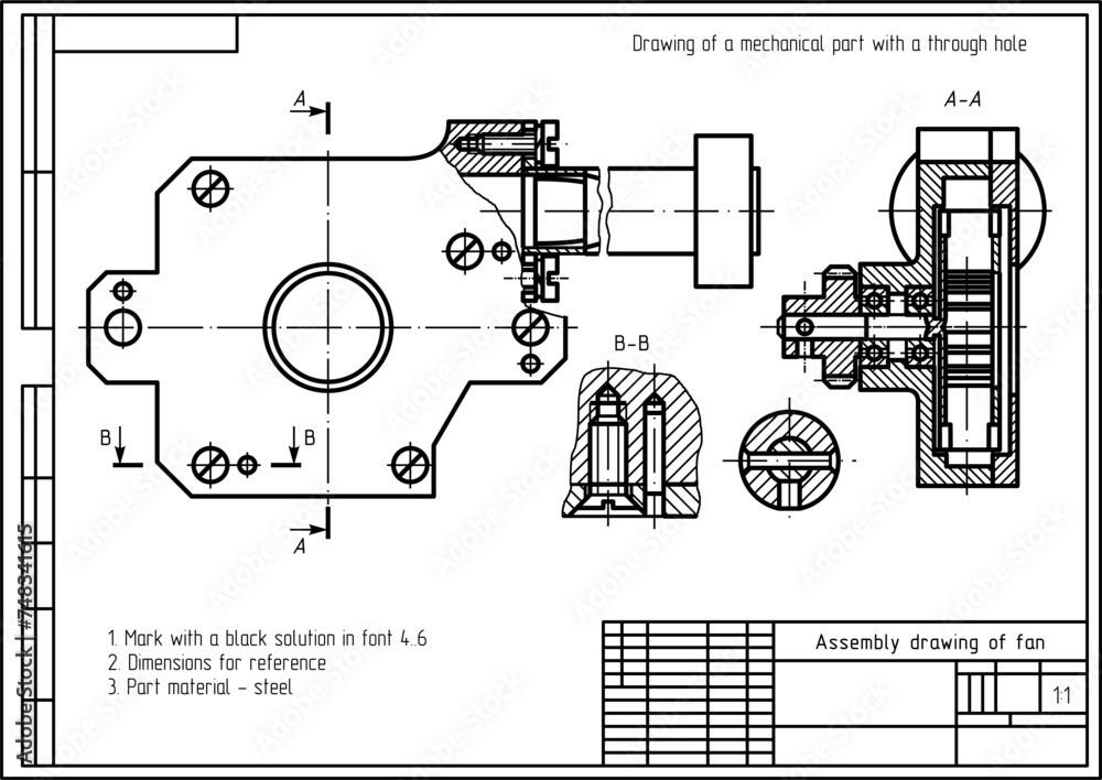 Assembly drawing of fan. Vector drawing of steel cast mechanical part ...
