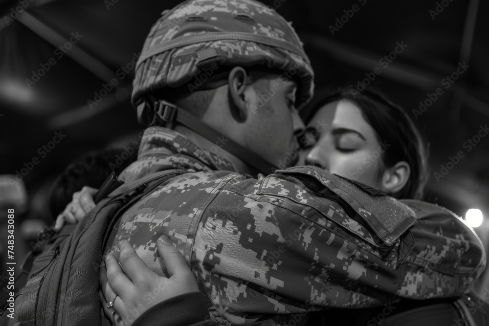 Photograph a soldier saying goodbye to their loved ones, a moment ...