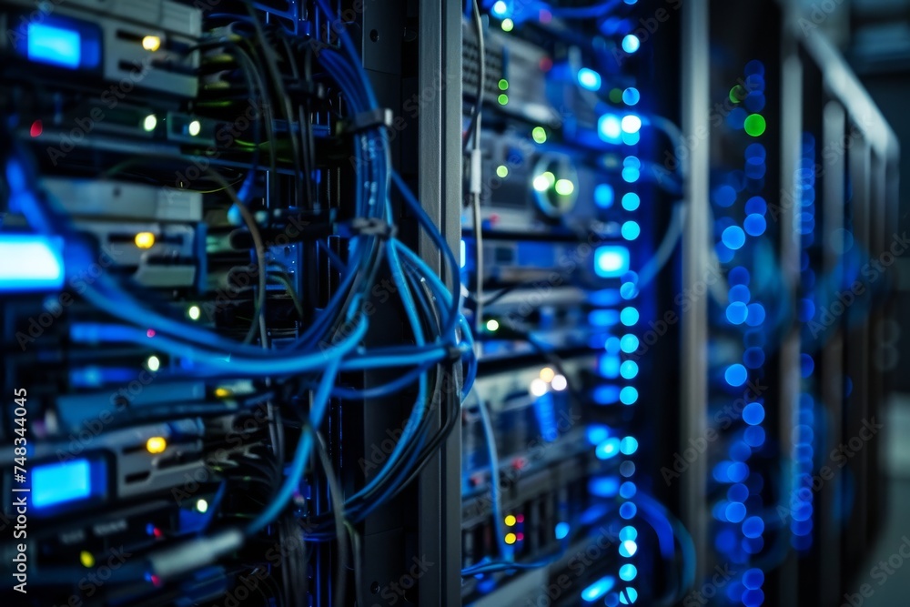 Detailed image of a server room racks and cables with blue and green ...