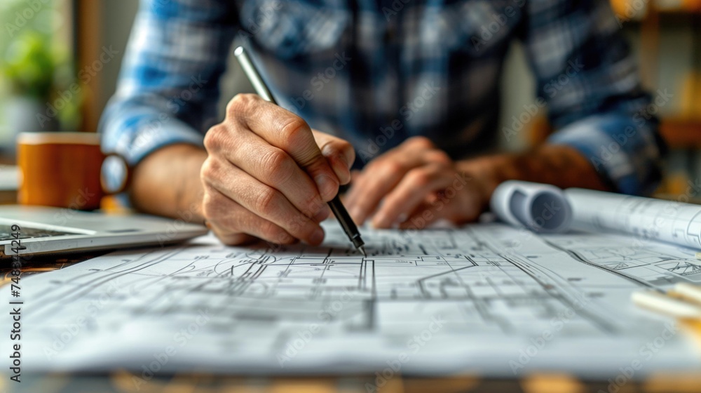 Person working on architectural drawings with pen, tablet, and ...