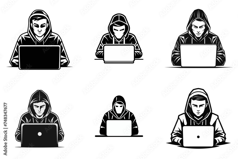 set of hacker or software engineer wearing a hood with laptop icon ...