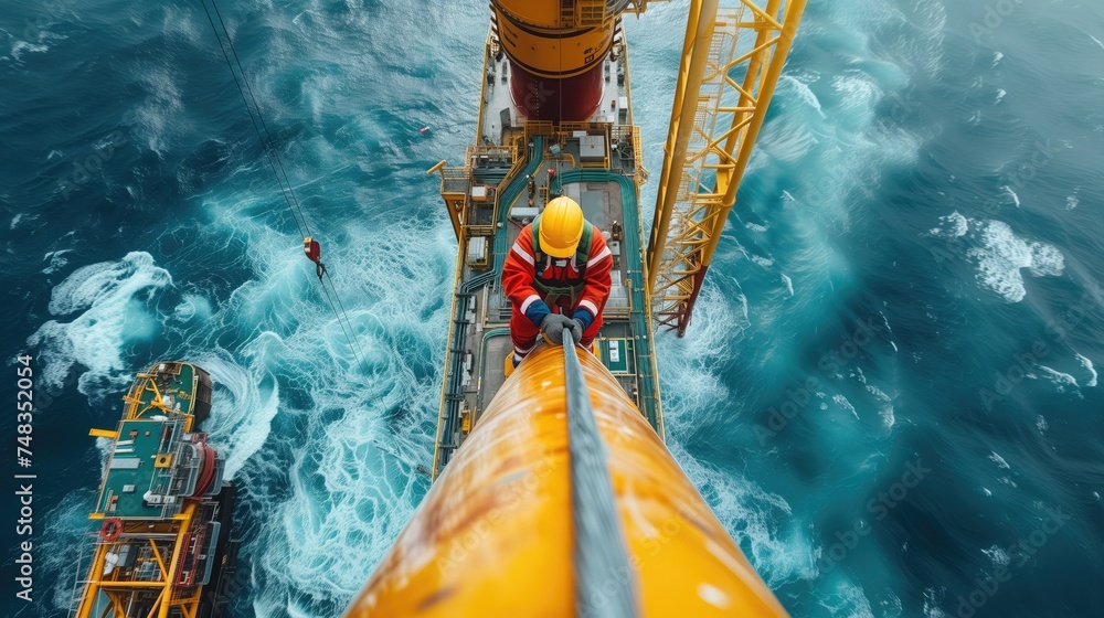 Offshore Wind Farm Construction: Workers aboard a construction vessel ...