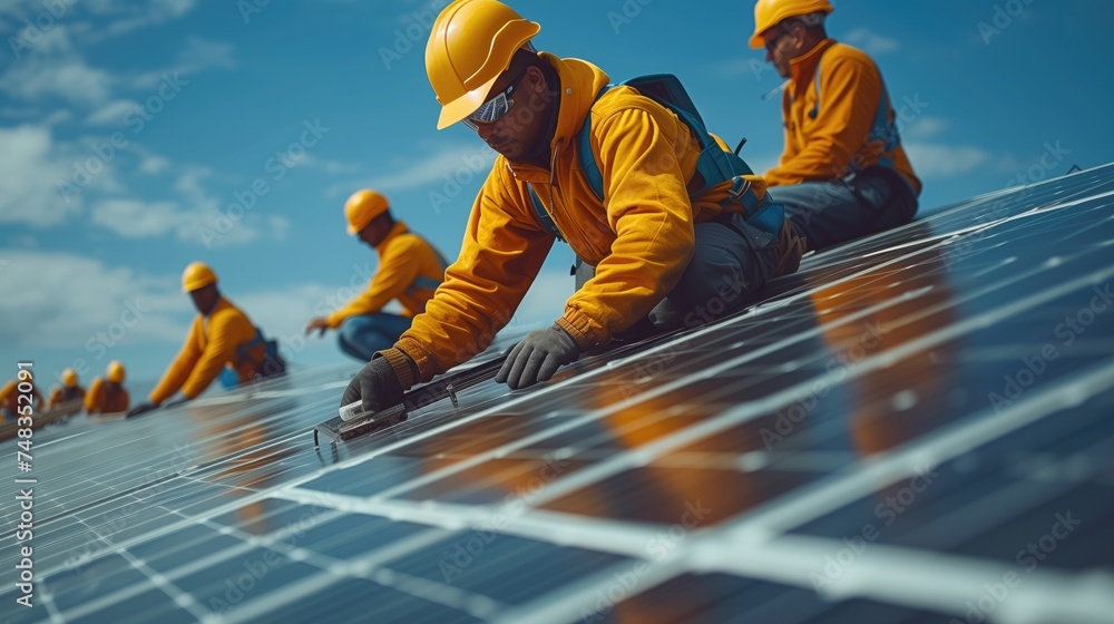 Workers are pictured on a rooftop, installing solar panels in rows ...
