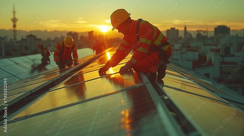 Workers are pictured on a rooftop, installing solar panels in rows ...