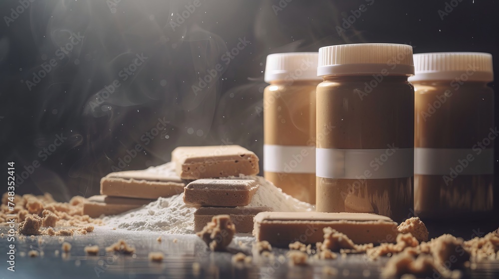 Wordless protein powder containers and protein bars surrounding ...