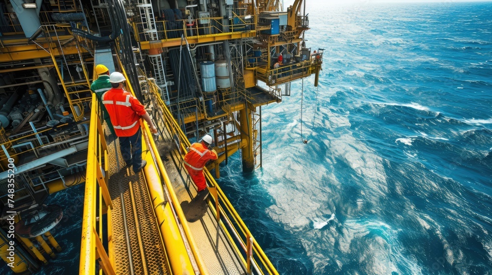 The naval architecture of an oil rig floating in the vast ocean ...