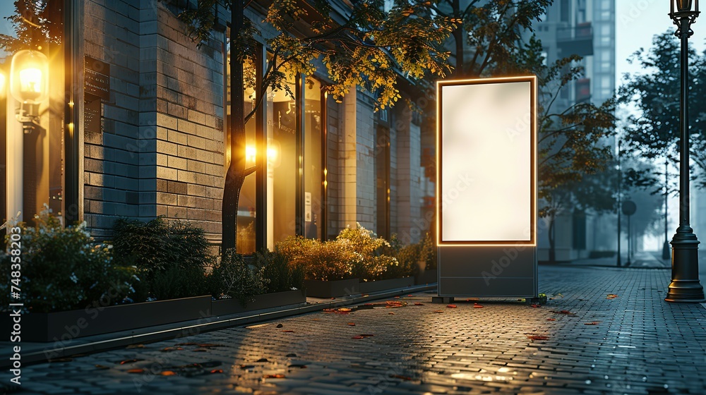 Side view of a white pylon stand with a brick building, an empty ...
