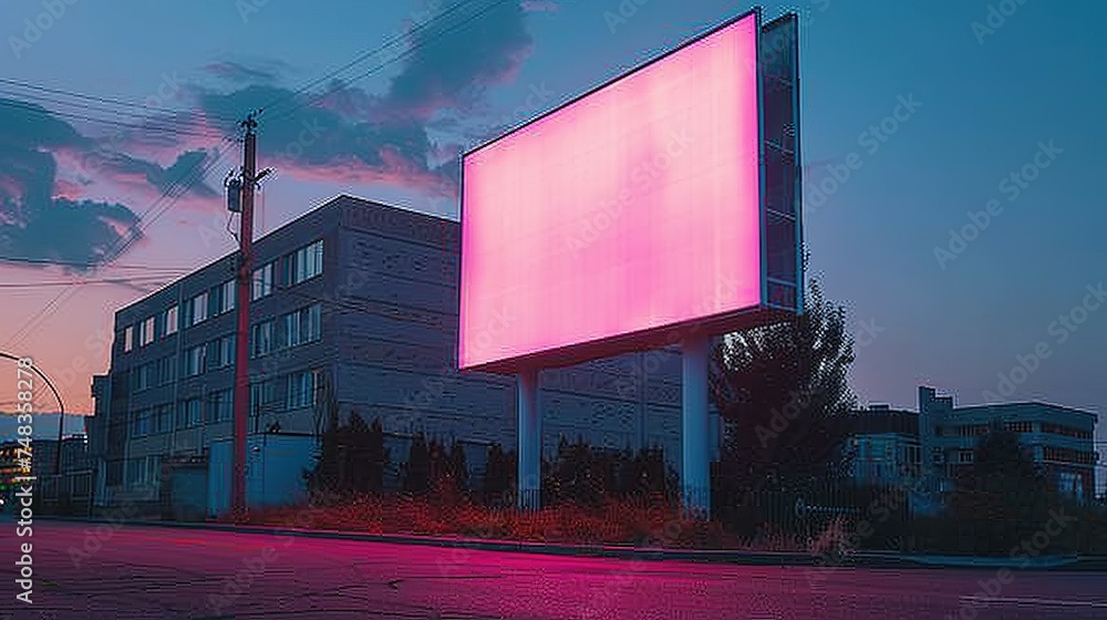 Side view of a white pylon stand with a brick building, an empty ...