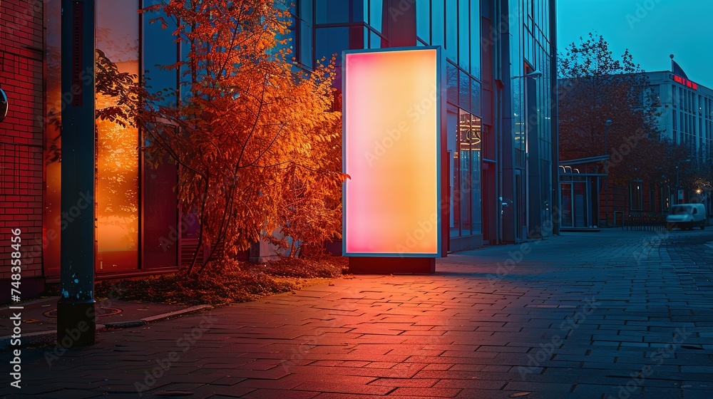 Side view of a white pylon stand with a brick building, an empty ...