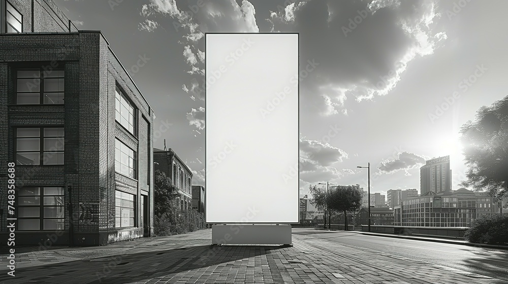 Side view of a white pylon stand with a brick building, an empty ...