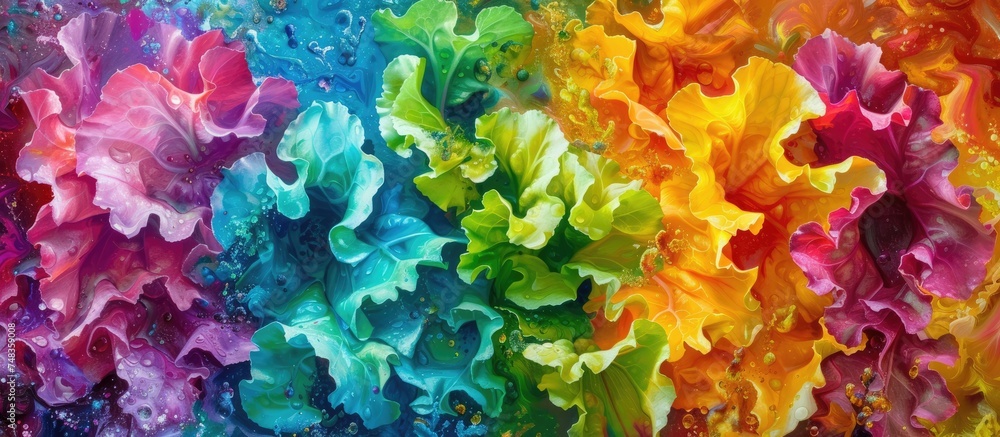 A painting depicting a vibrant rainbow colored flower in full bloom ...