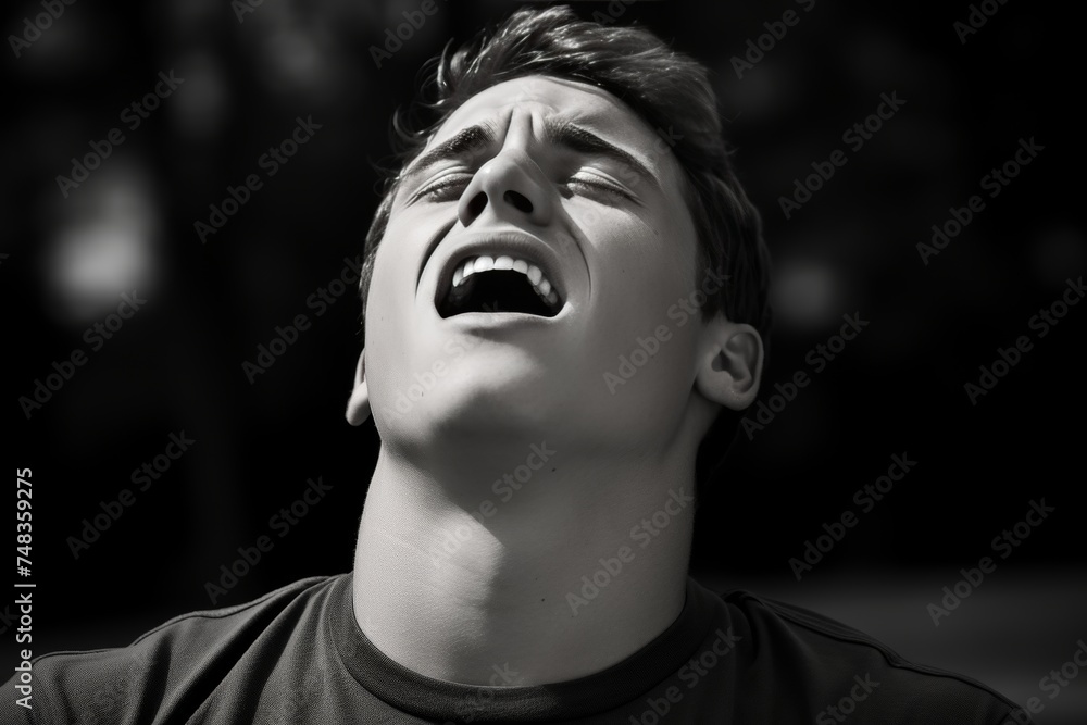 A dramatic black and white portrait capturing the intense emotion of a ...