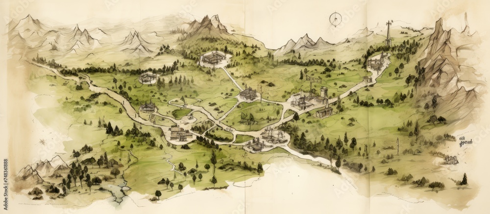 A hand-drawn illustration representing a detailed map of a rugged ...