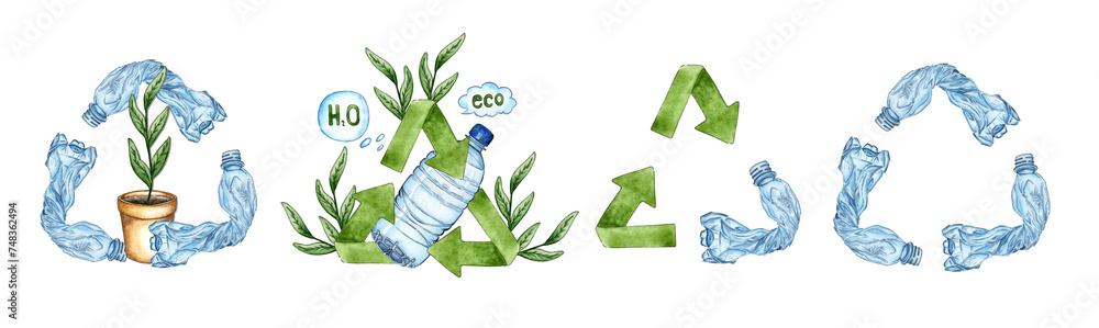 Poster Set of watercolor illustrations of various garbage recycling ...
