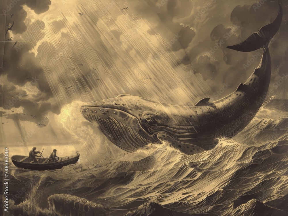 Retro old depiction of Jonah and the whale a mysterious Bible casting ...