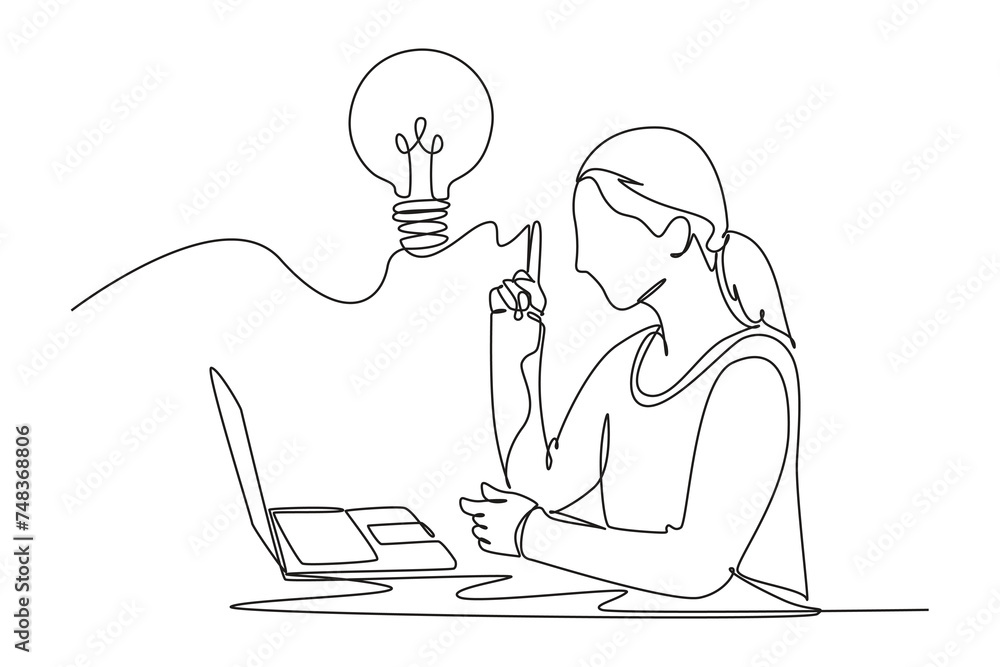 One continuous line drawing of woman in front of laptop finds brilliant ...