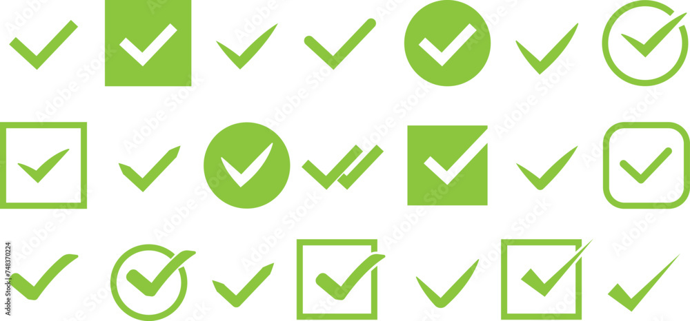Green checkmark icon set in circle and square boxes. Modern vector ...