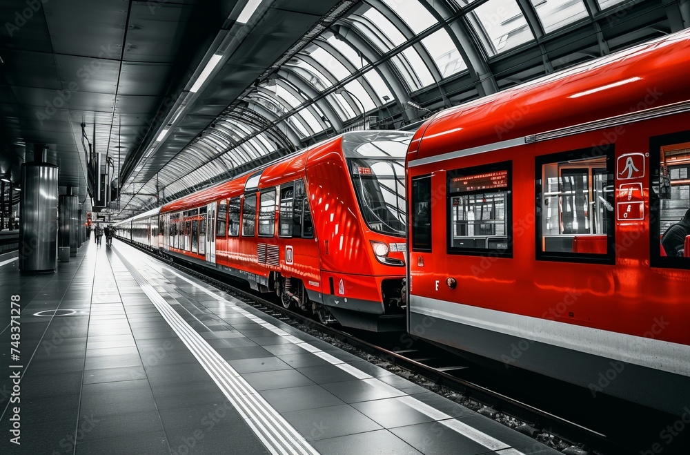 Dynamic image of a red commuter train arriving at a sleek, modern ...